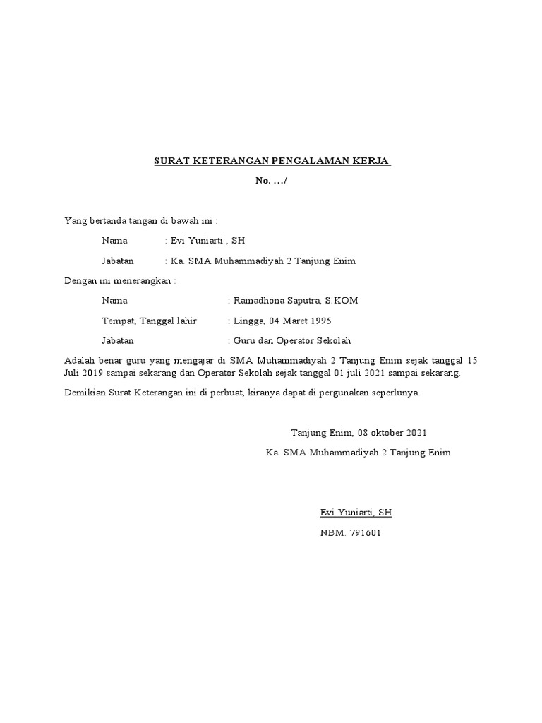 SURAT KETERANGAN PENGALAMAN KERJA | PDF