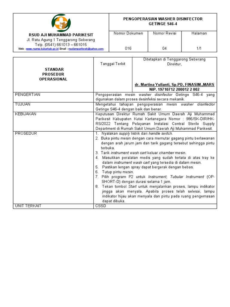 Spo Pengoperasian Washer Disinfector Getinge S46-5 | PDF