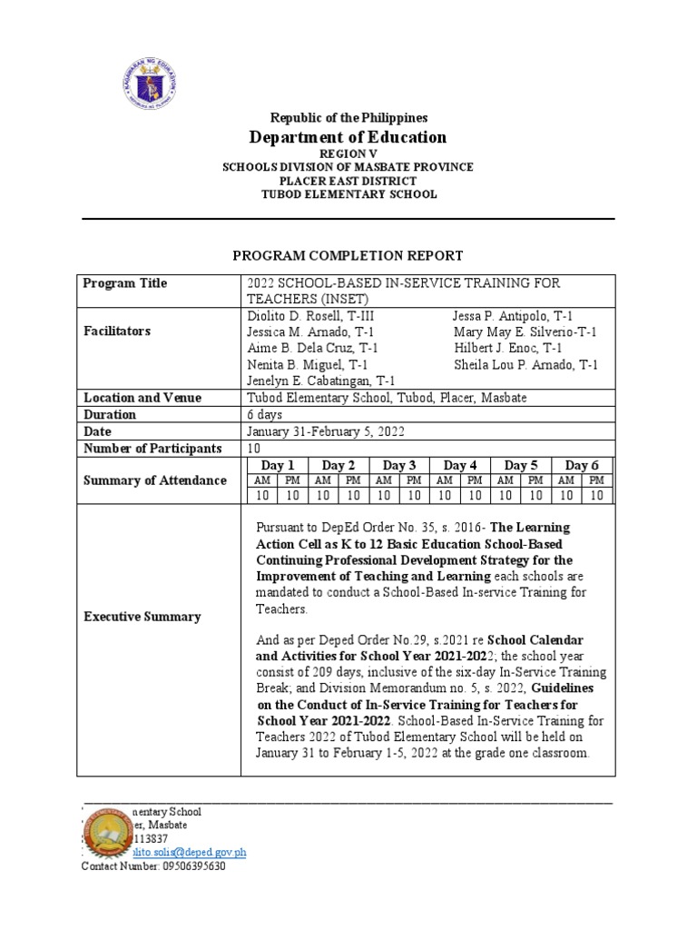 Inset Completion Report | PDF | Literacy | Behavior Modification