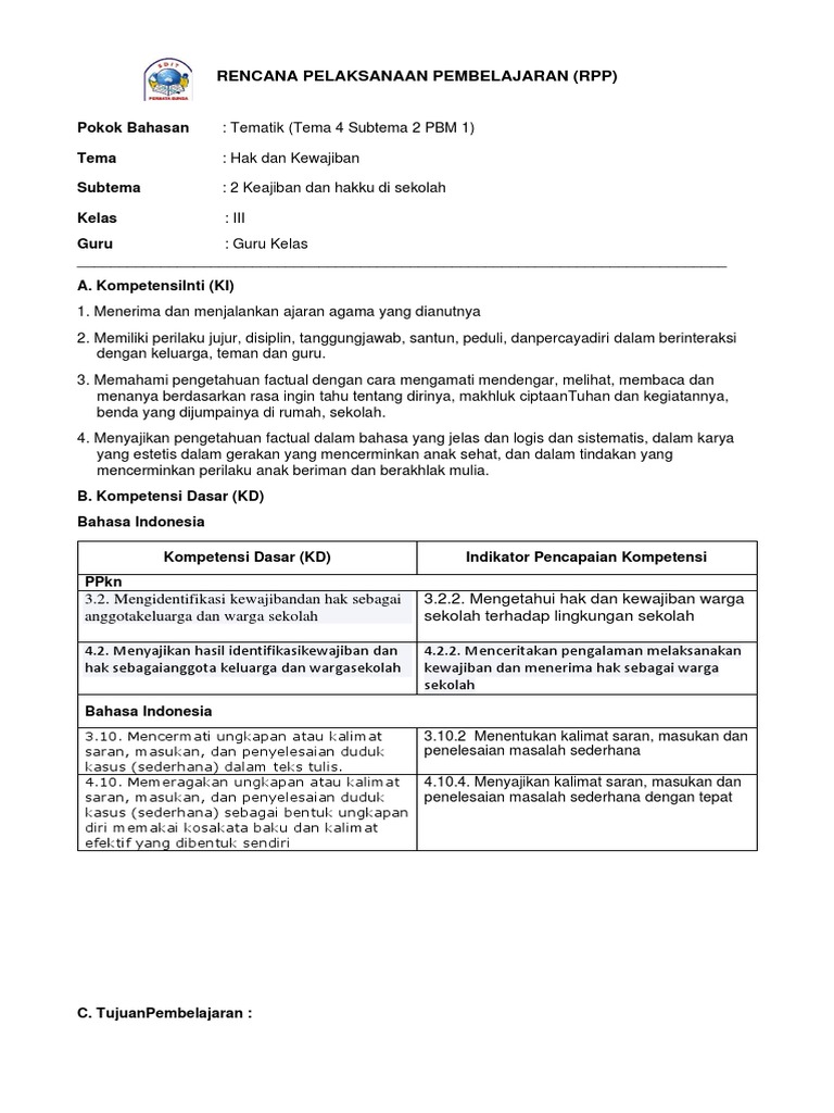 RPP Kelas 3 Tema 4 Subtema 2 Pembelajaran 1 | PDF