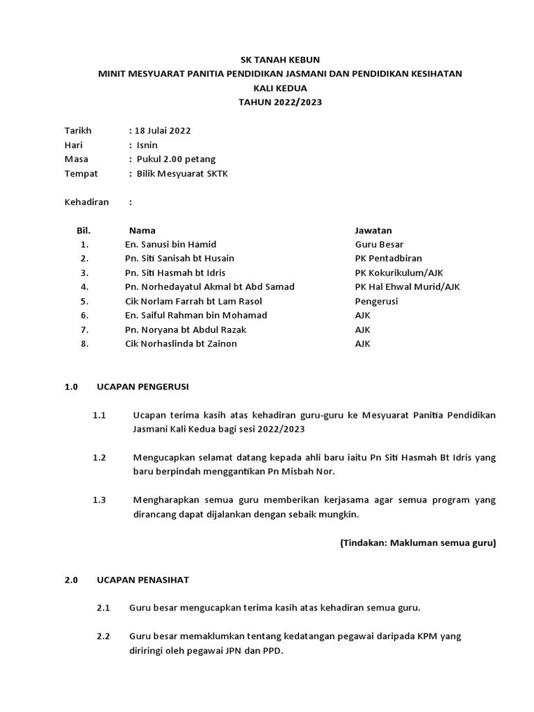 Minit Mesyuarat PJPK Kali-2 2022-2023 | PDF