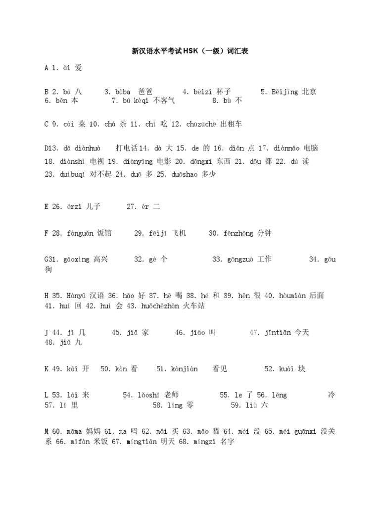 HSK Level 1 Vocabulary List (150 Words Without Meaning) | PDF