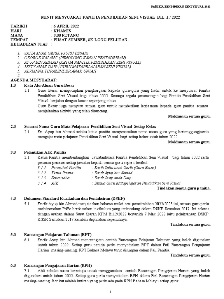 Minit Mesyuarat Panitia PSV Bil 1 2022 | PDF