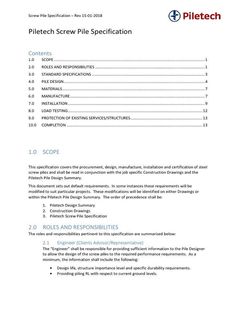 Piletech Screw Pile Specifications | PDF