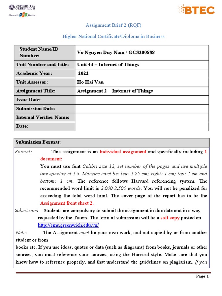 1690 - GCS200888 - Vo Nguyen Duy Nam - Assignment Brief 2 PDF | PDF | Internet Of Things | Arduino