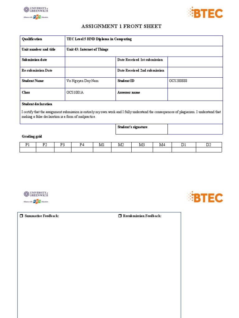 1 - 43-IoT - Assignment 1 Frontsheet 2022 | PDF