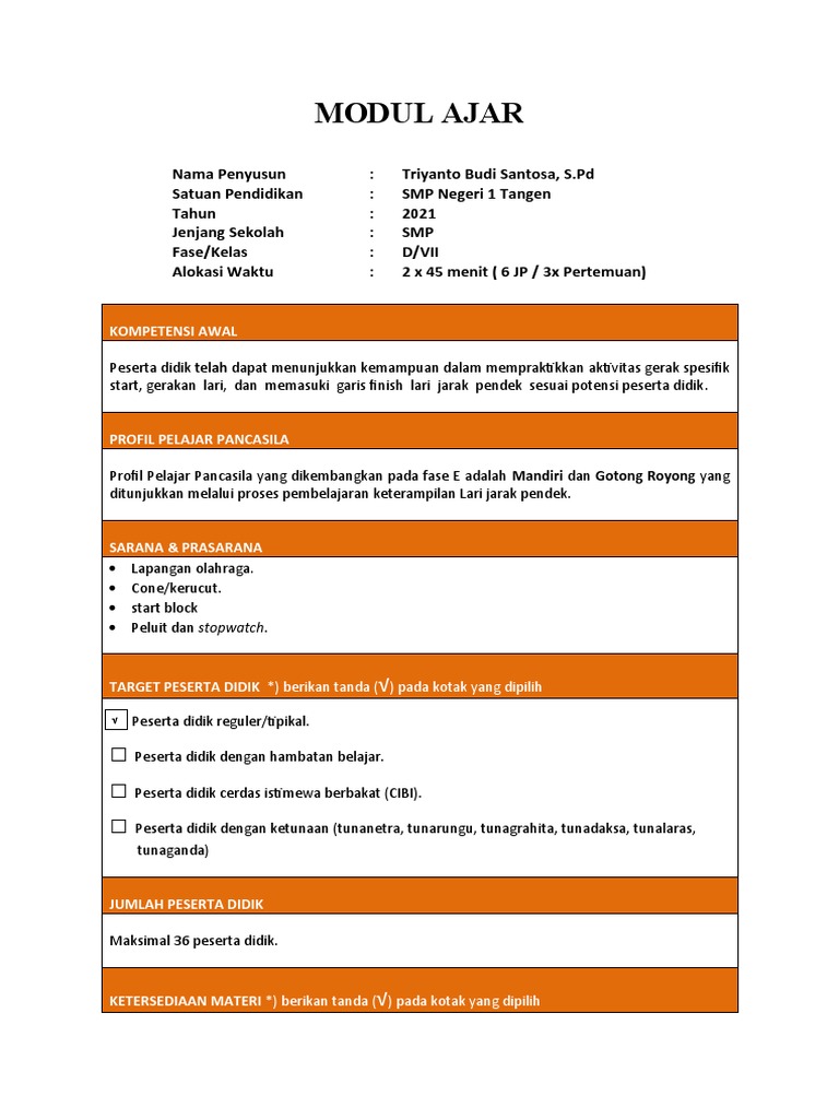 Modul Ajar - Lari Sprint - Jarak Pendek | PDF