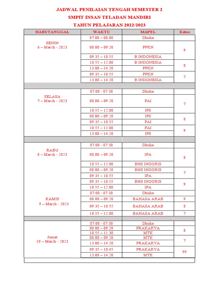JADWAL PENILAIAN TENGAH SEMESTER 2 | PDF