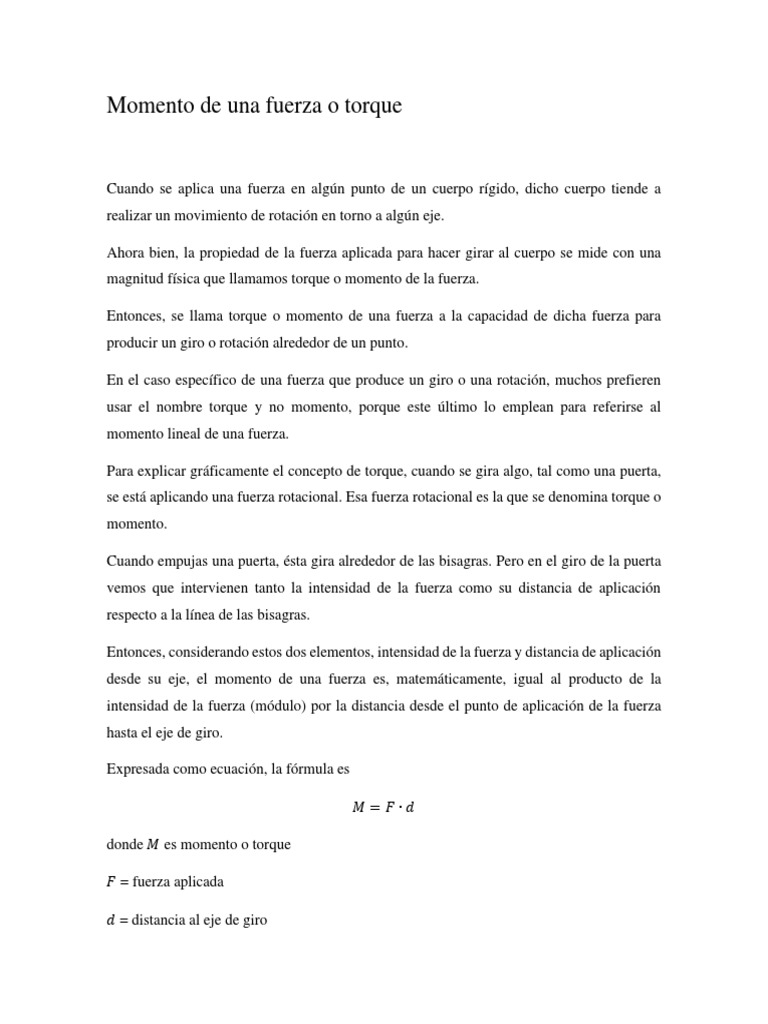 Momento de Una Fuerza | PDF | Esfuerzo de torsión | Fuerza