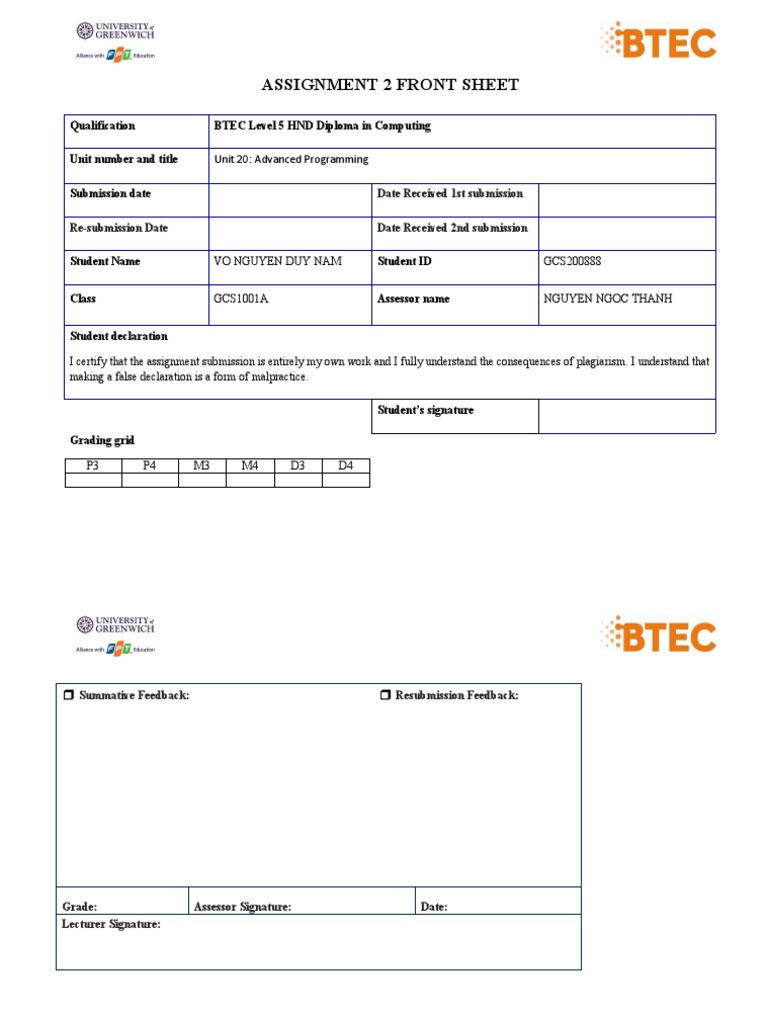 Unit 20 - Assignment 2 Frontsheet PDF | PDF