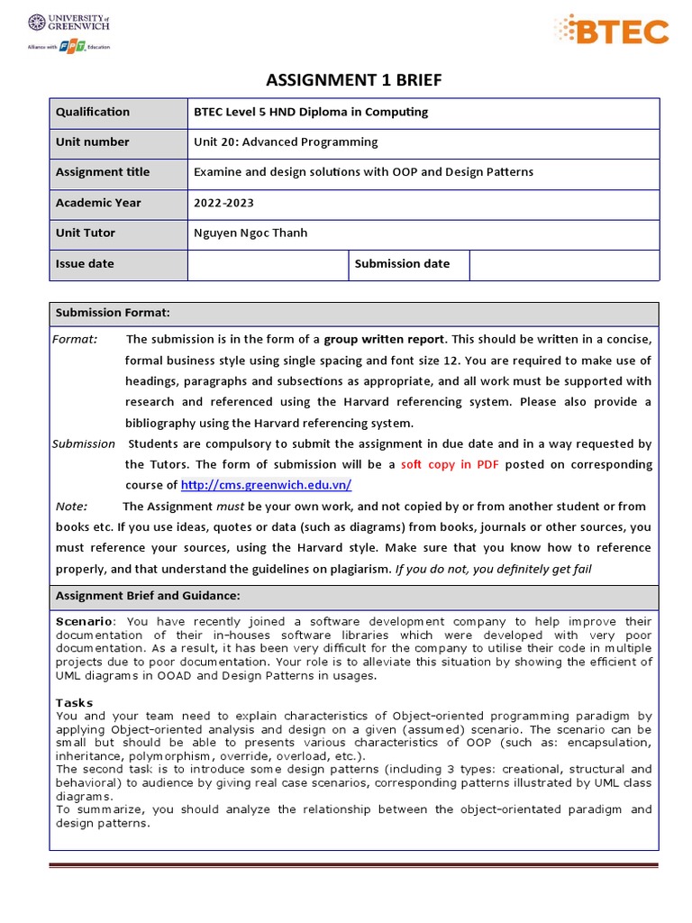 1651 - Unit 20 - Assignment Brief 1 | PDF | Class (Computer Programming) | Object Oriented ...