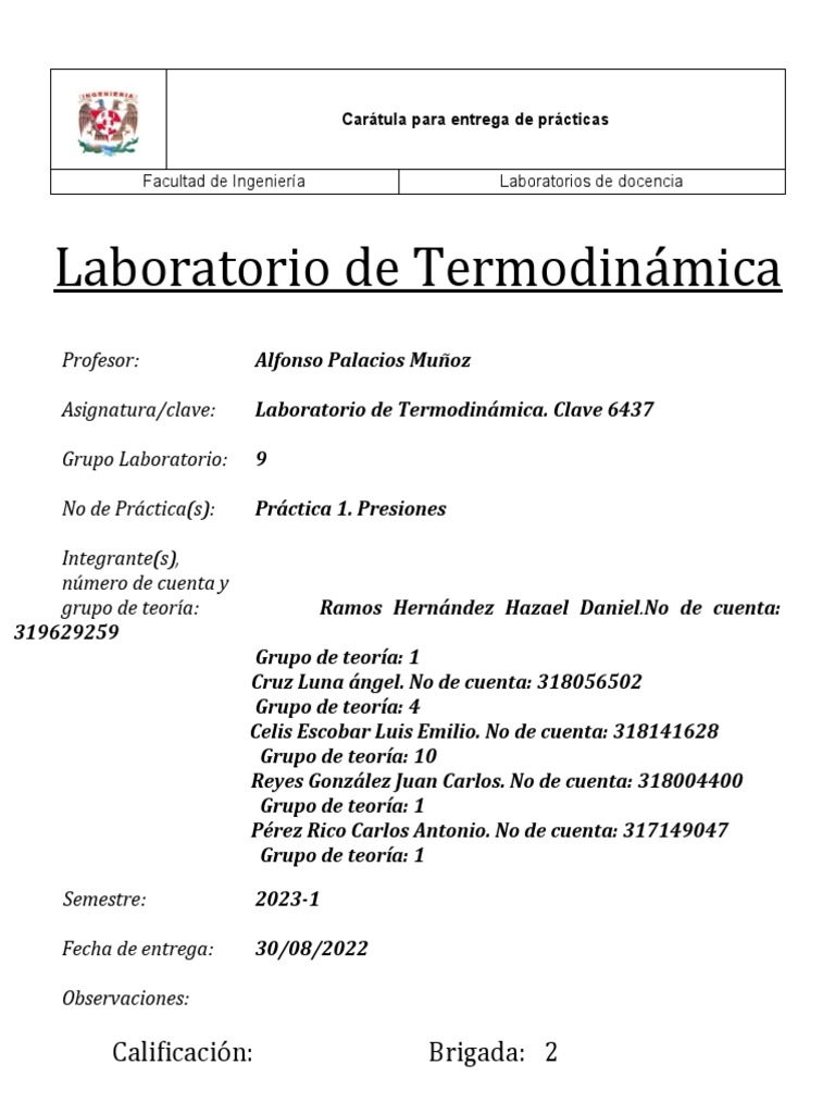 Carátula para Entrega de Prácticas Lab. Termodinámica | PDF | Presión | Pascal (Unidad)
