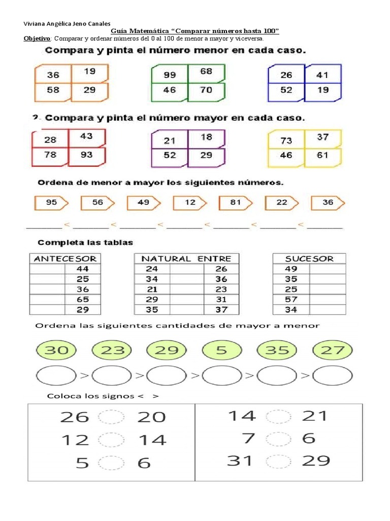 Guía Matemática Comparar o Ordenar Numeros Hasta 100 | PDF