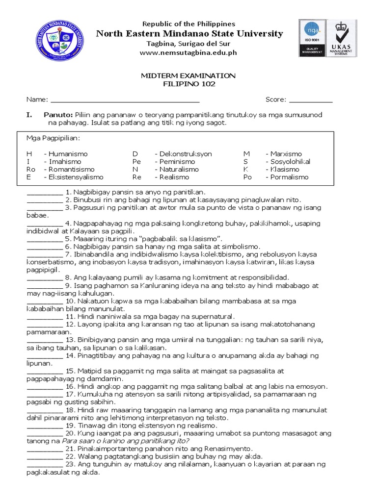 Filipino 102 Midterm Exam March 2023 | PDF