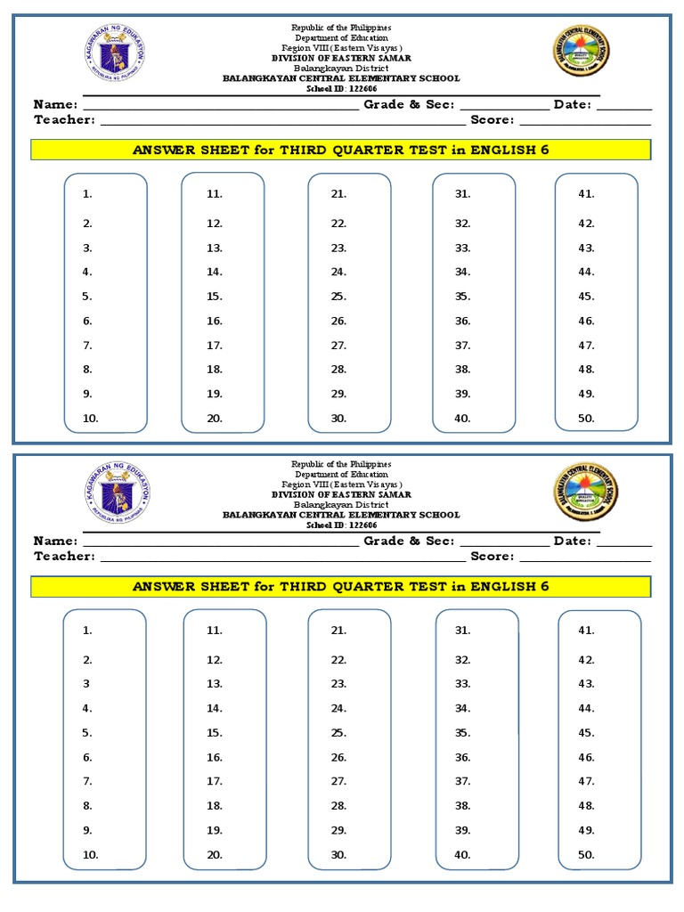 answer sheet grade 5 | PDF