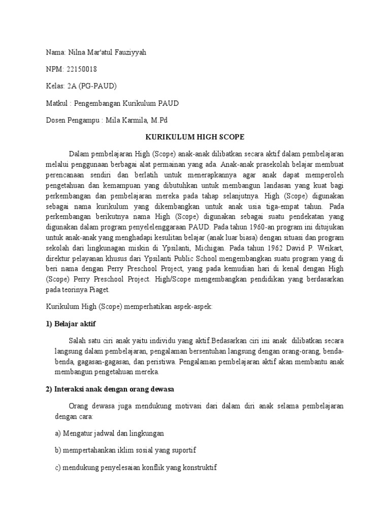 Kurikulum High Scope - Nilna Mar'atul Fauziyyah (22150018) | PDF