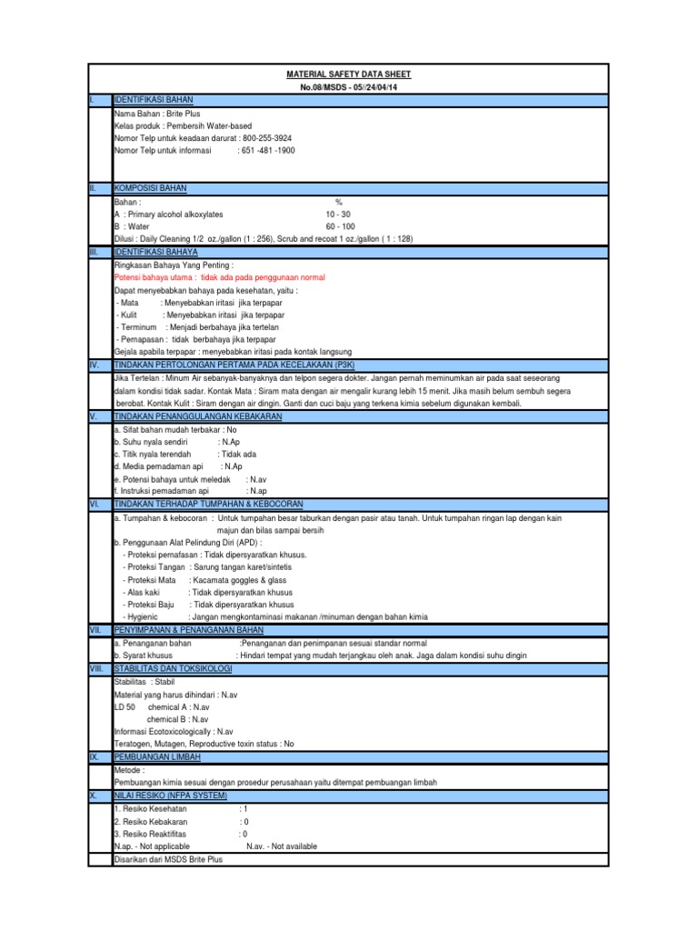 Msds Brite Plus Pdf