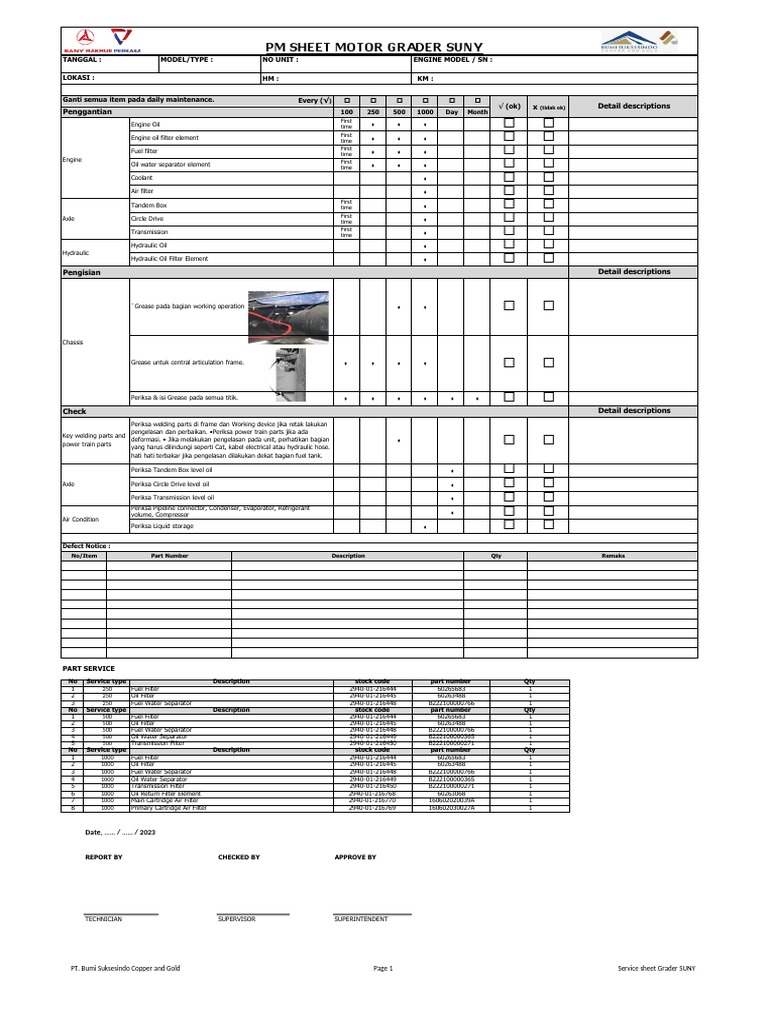 PM SERVICE Grader Suny PM Service Sheet INTERVAL PM STG-3 | Download ...