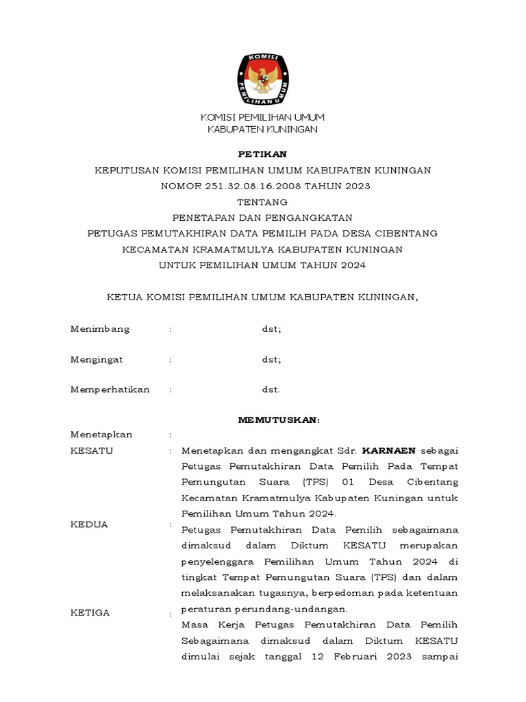 Petikan Kpt. Kpu Kuningan Penetapan Pantarlih - Edit | PDF