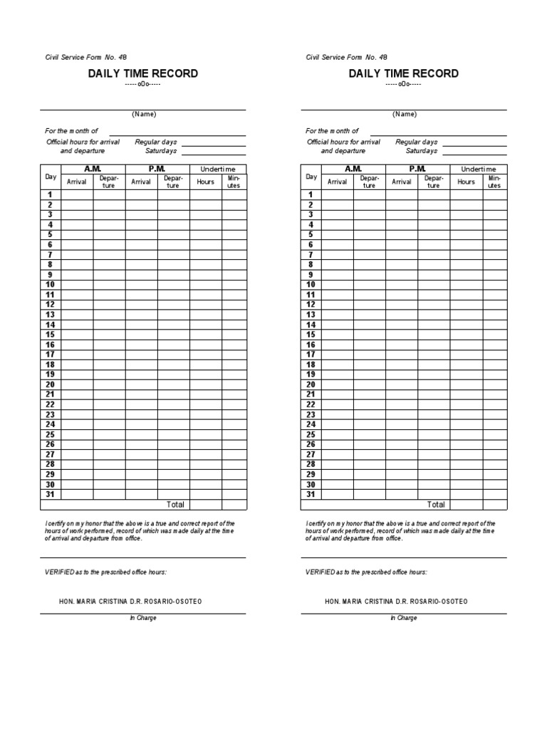B. CSC Form 48 Daily Time Record (DTR) | PDF