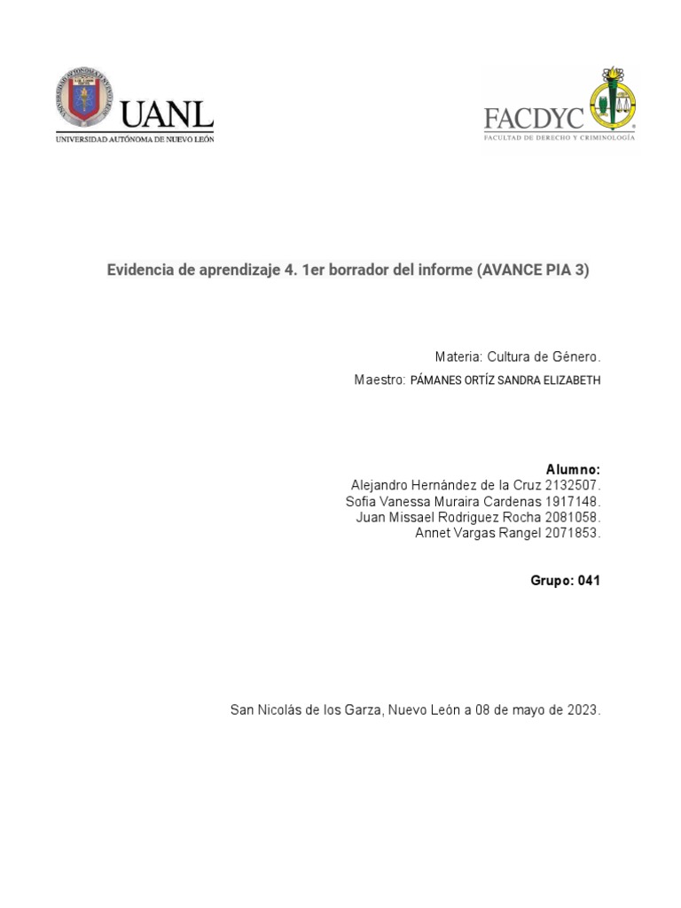 Evidencia de Aprendizaje 4. 1er Borrador Del Informe (AVANCE PIA 3) PDF | PDF | Igualdad de ...