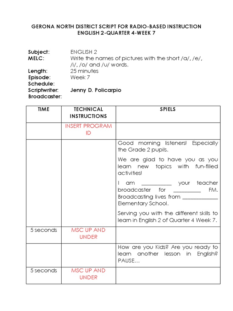 Grade 2 Week 7 Script and Las PDF | PDF | Word | Linguistics