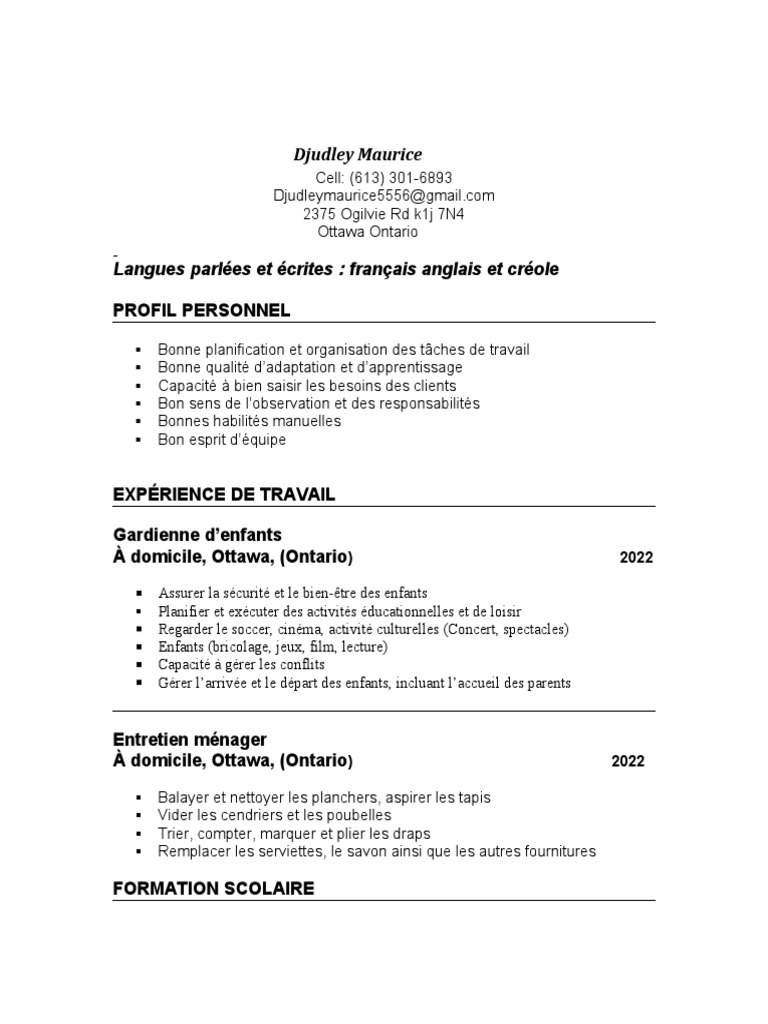 CV de Djudley Maurice - Profil Polyvalent | PDF