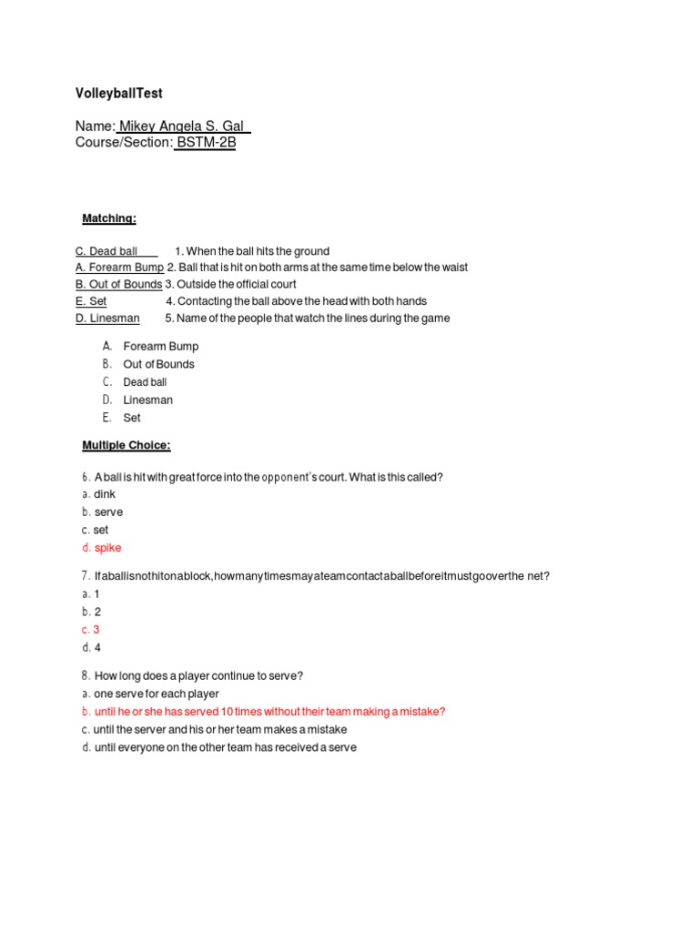Volleyball Test (Summative Test Part 1) | PDF