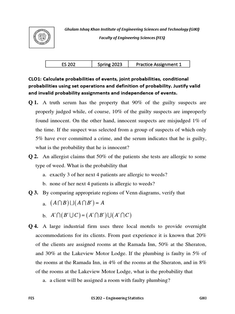 Assignment1 ES202 PDF | PDF | Type I And Type Ii Errors | Motel