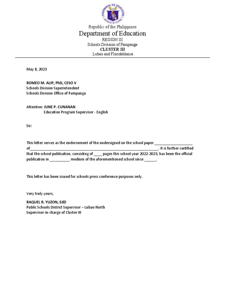 Endorsement Letter School Paper | PDF