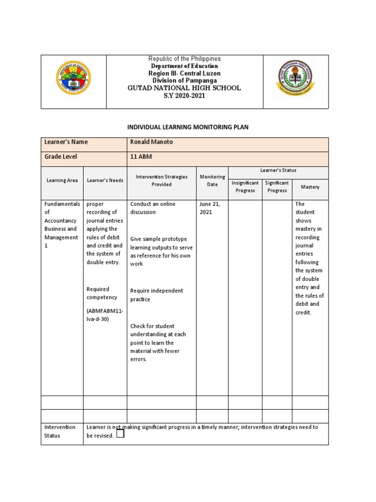Individual Learning Monitoring Plan | PDF | Learning | Behavior Modification