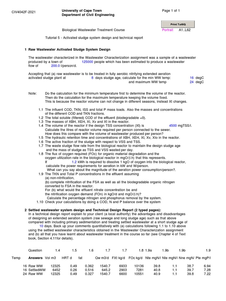 CIV4042F - Tutorial 5 - 2021 PDF | Download Free PDF | Sewage Treatment | Chemistry