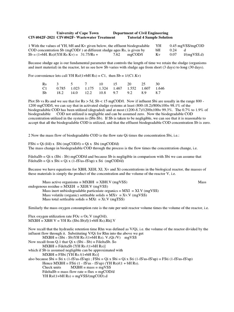 CIV4042F - Tutorial 4 - 2021solns | PDF | Sewage Treatment | Anaerobic Digestion