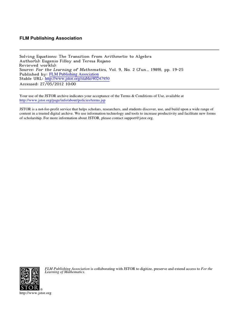 (1989, Filloy & Rojano) Solving Equations The Transition from ...