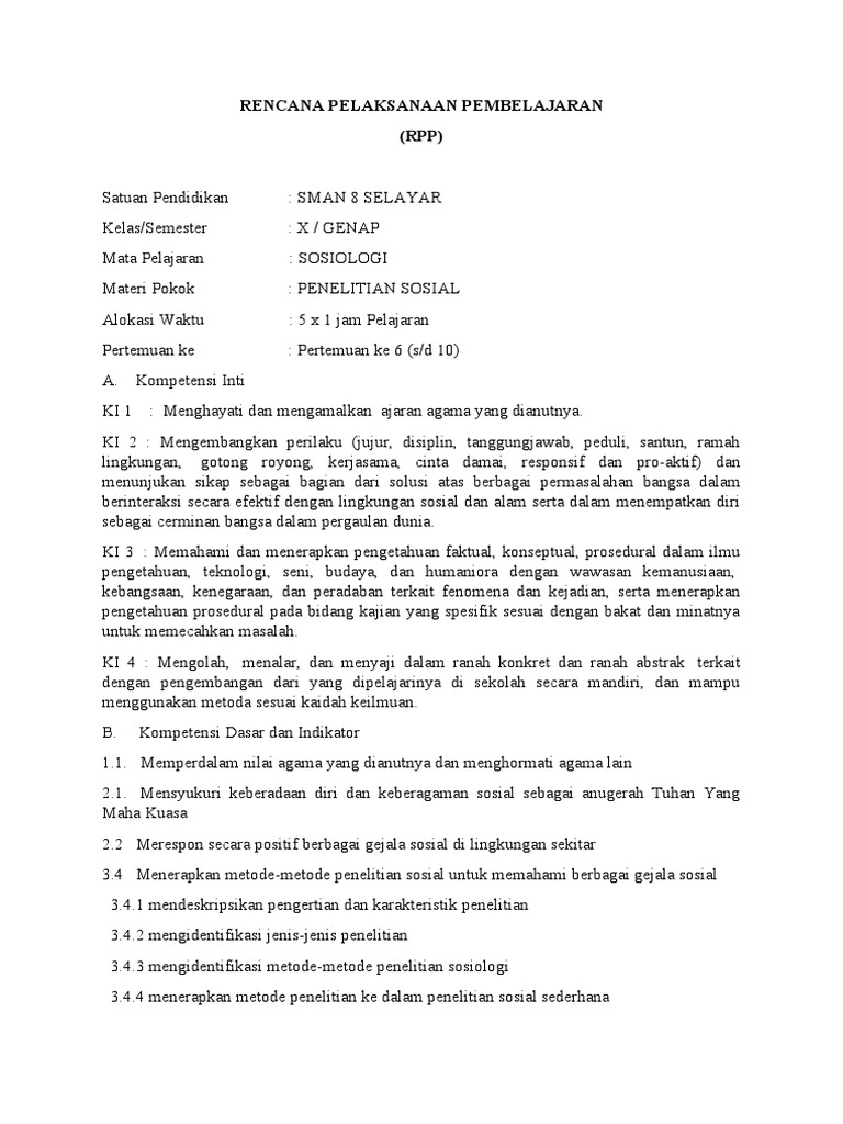 RPP K-13 Sosiologi KLS X 4 | PDF | Karier & Perkembangan