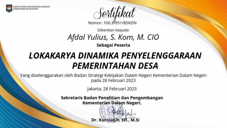 SERTIFIKAT LOKAKARYA Afdal Yulius, S. Kom, M. CIO | PDF