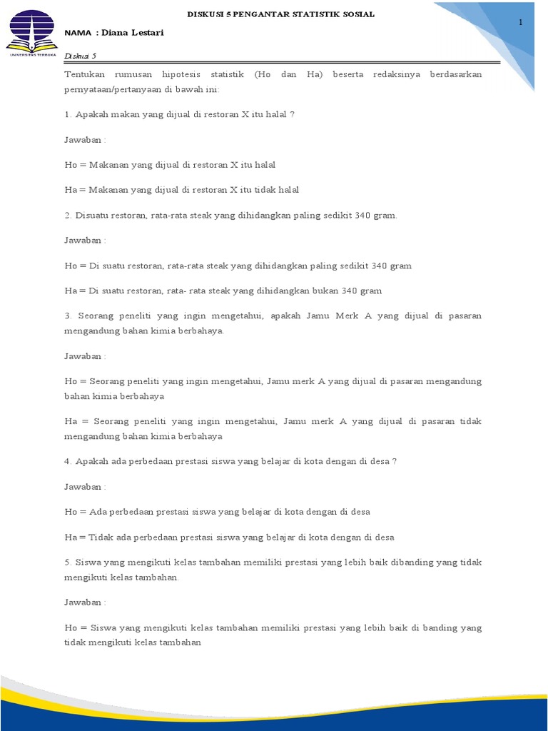 Kerangka Tugas Diskusi 5 Pengantar Statistik Sosial - Diana Lestari | PDF