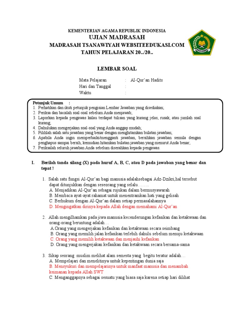 Soal Ujian Al-Qur'an Hadits MTs 2023 | PDF