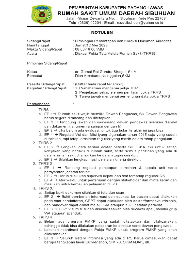 Notulen TKRS Bimbingan 12 Mei 2023 | PDF | Kesehatan Holistik