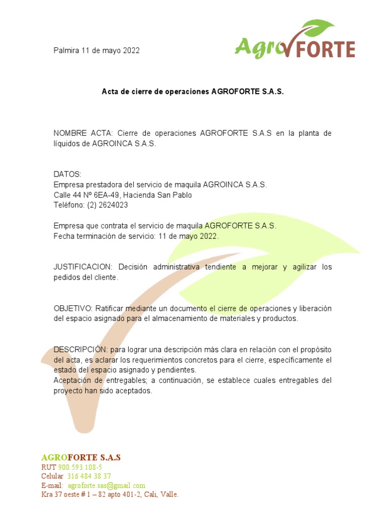 Acta Cierre de Operaciones | PDF