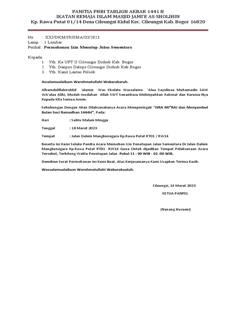 Surat Ijin Penutupan Jalan | PDF