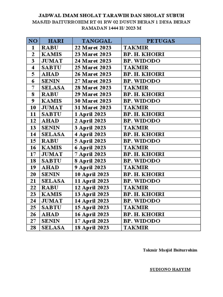 2023 Jadwal Imam Salat Tarawih | PDF