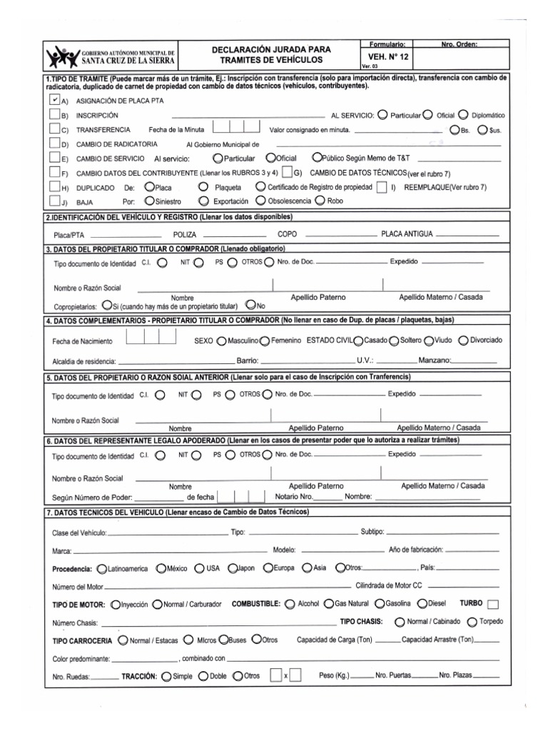 Declaracion Jurada para Tramites de Vehiculos Formulario PDF | PDF