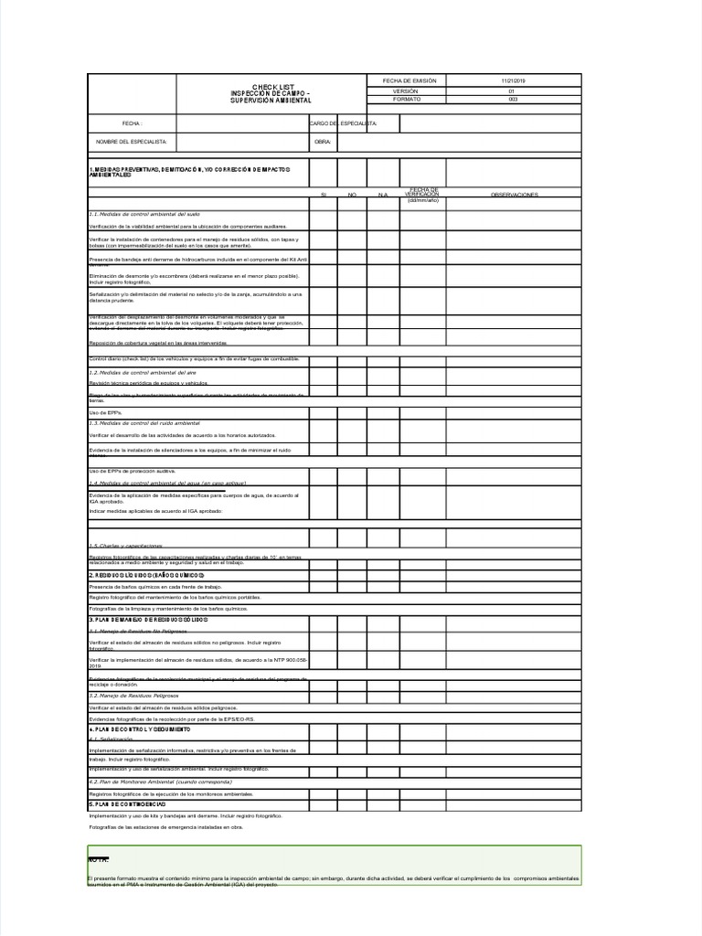 PDF 3 Checklist Supervision Ambiental | PDF | Residuos | Impacto humano ...