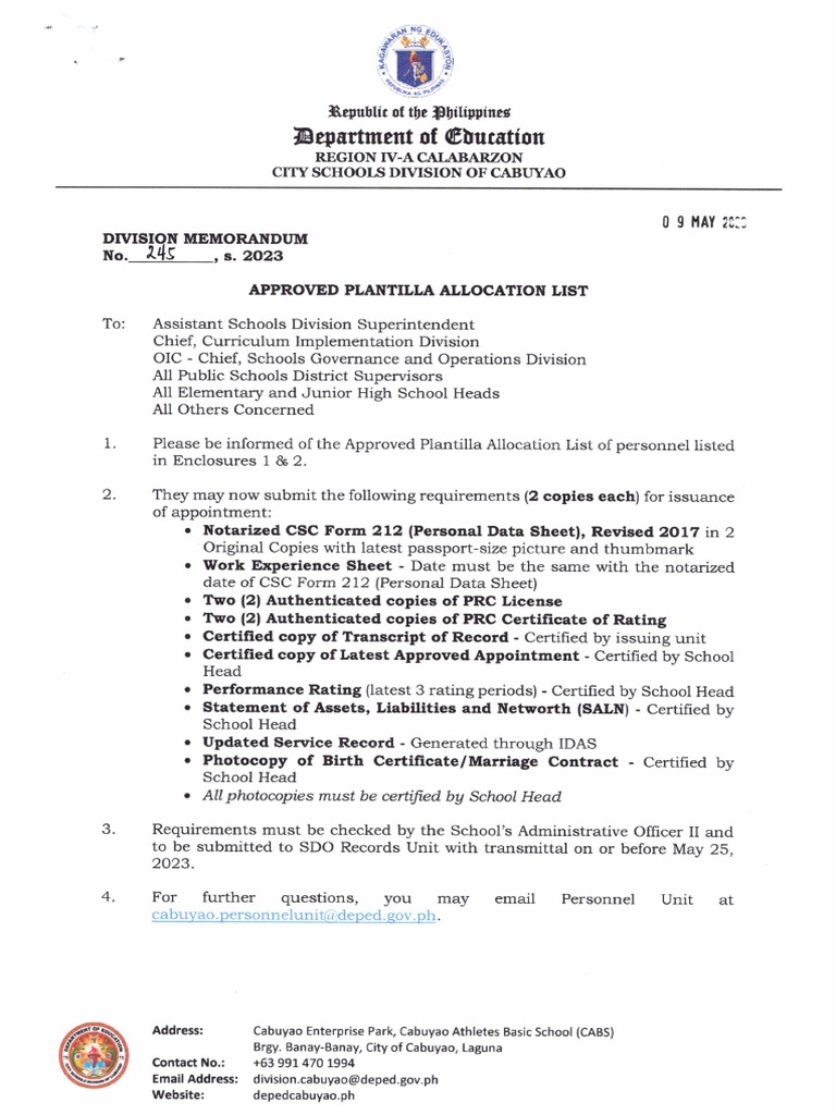 Division Memorandum No. 245 S. 2023 Approved Plantilla Allocation List | PDF
