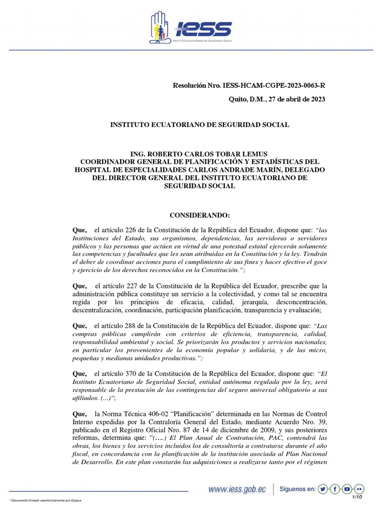 Iess Hcam Cgpe 2023 0063 R PDF | PDF | Ecuador | Presupuesto