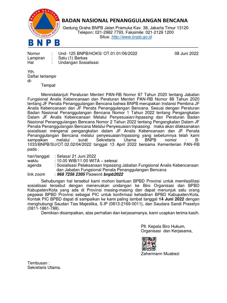 Undangan Sosialisasi Pelaksanaan Inpassing JF Bidang Kebencanaan Selasa ...