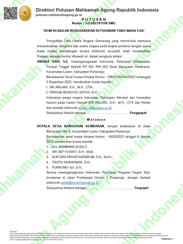 Putusan 1 G 2023 Ptun - SMG 20230515105038 | PDF