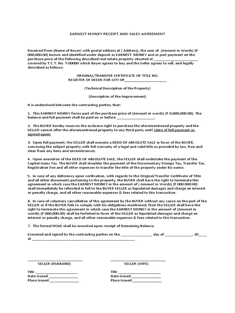 Earnest Money Receipt & Sales Agreement | PDF | Title (Property) | Deed