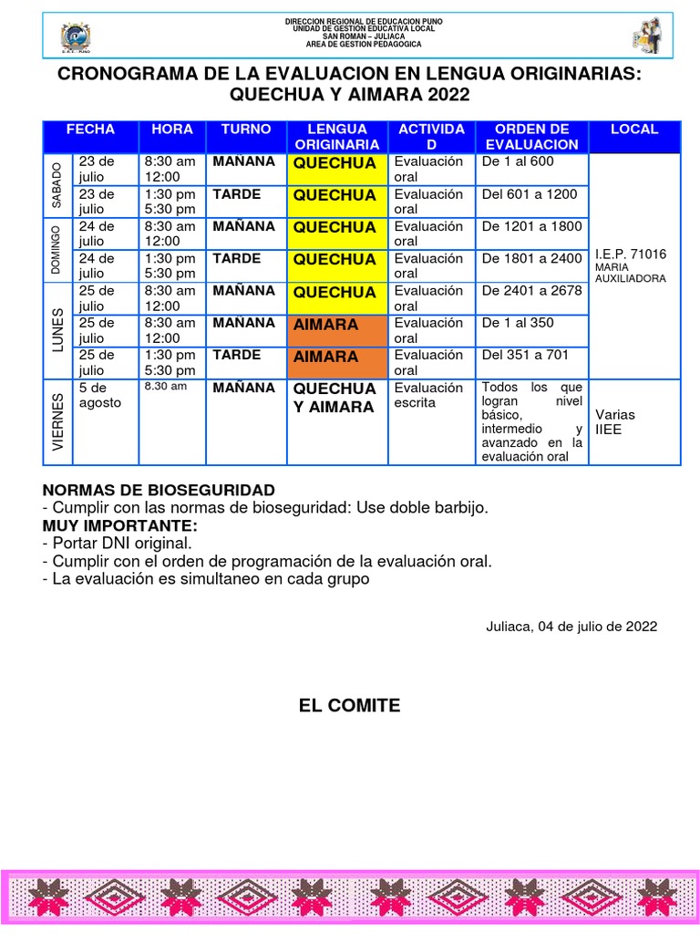 Cronograma de Evaluacion Lenguas PDF | PDF